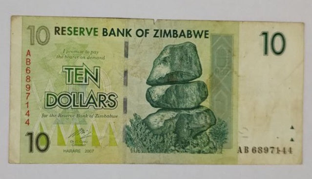 Zimbabwe 10 Dollars 2007 P67 Used Banknote | Hyperinflation Currency ...